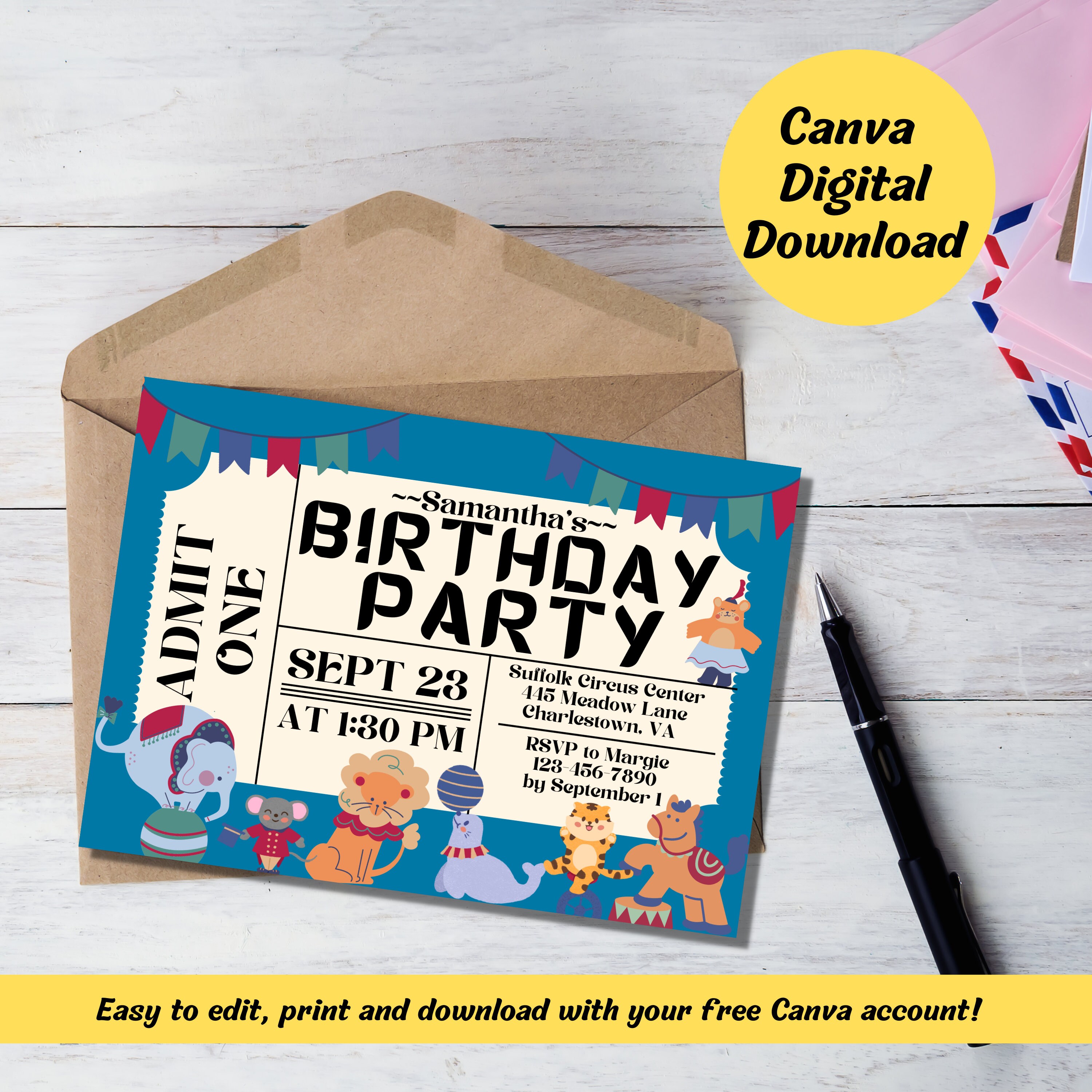Circus Ticket Animals Birthday Party Invitation Instant Download ...