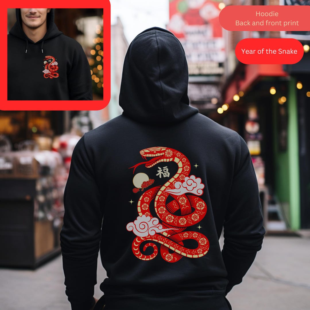 Chinese New Year of the Snake 2025 Mens Hoodie Black and Red Snake ...