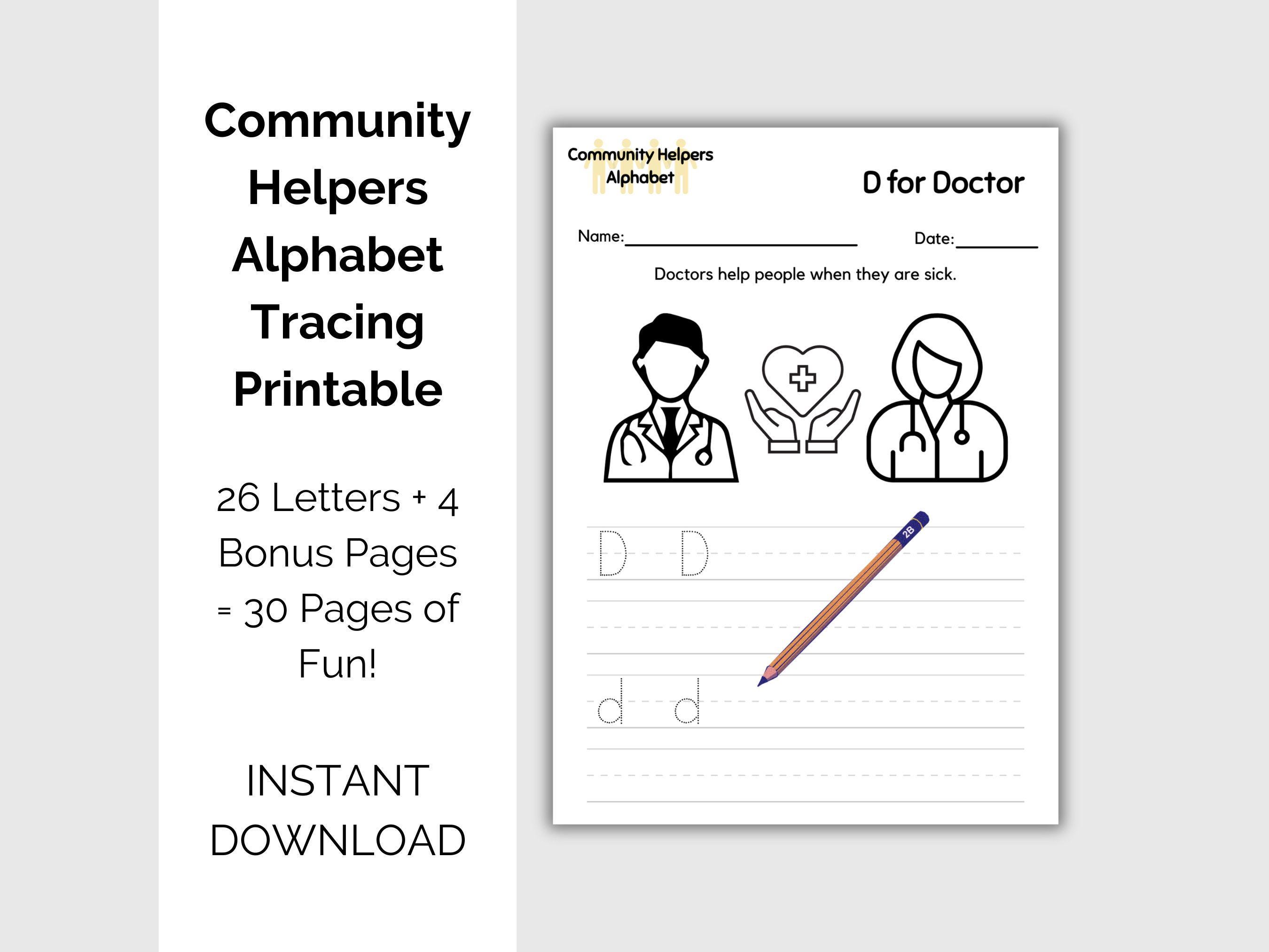Community Helpers Coloring Sheets Alphabet Tracing Pre-k, Kindergarten ...