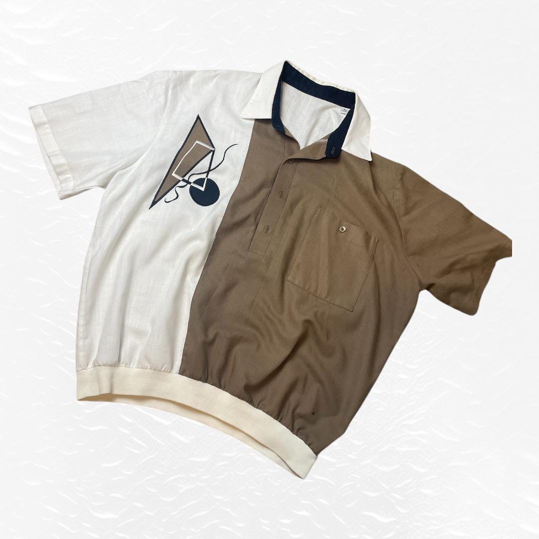 Alan Stuart 80s Geometric Collard Shirt XL Brown Black Mens Vintage ...