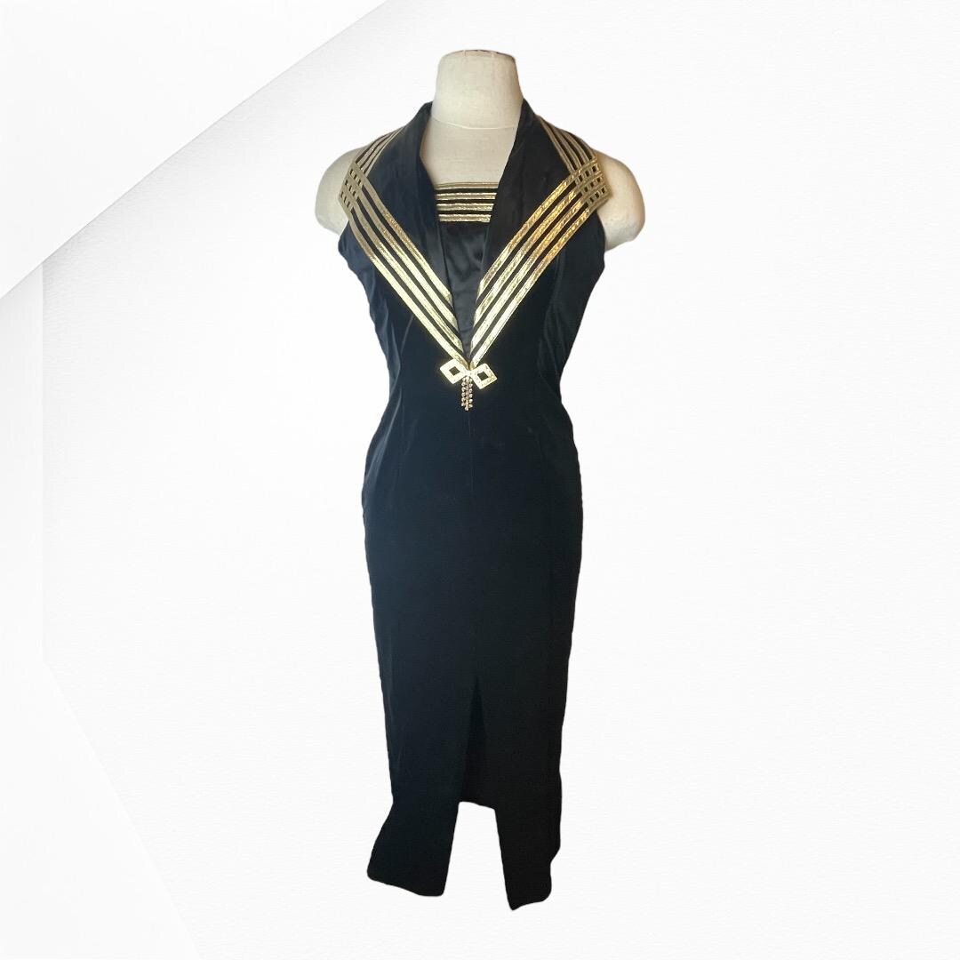 Peter Fashion Long Black Maxi Sheath Dress Gold Accents Retro Collared ...