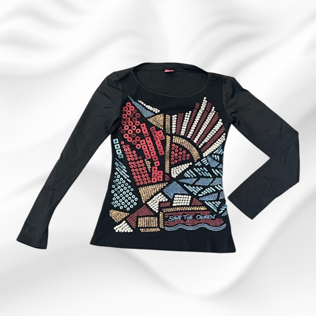 Vintage Save the Queen Designer Long Sleeve Shirt Y2k Sequins Womens ...