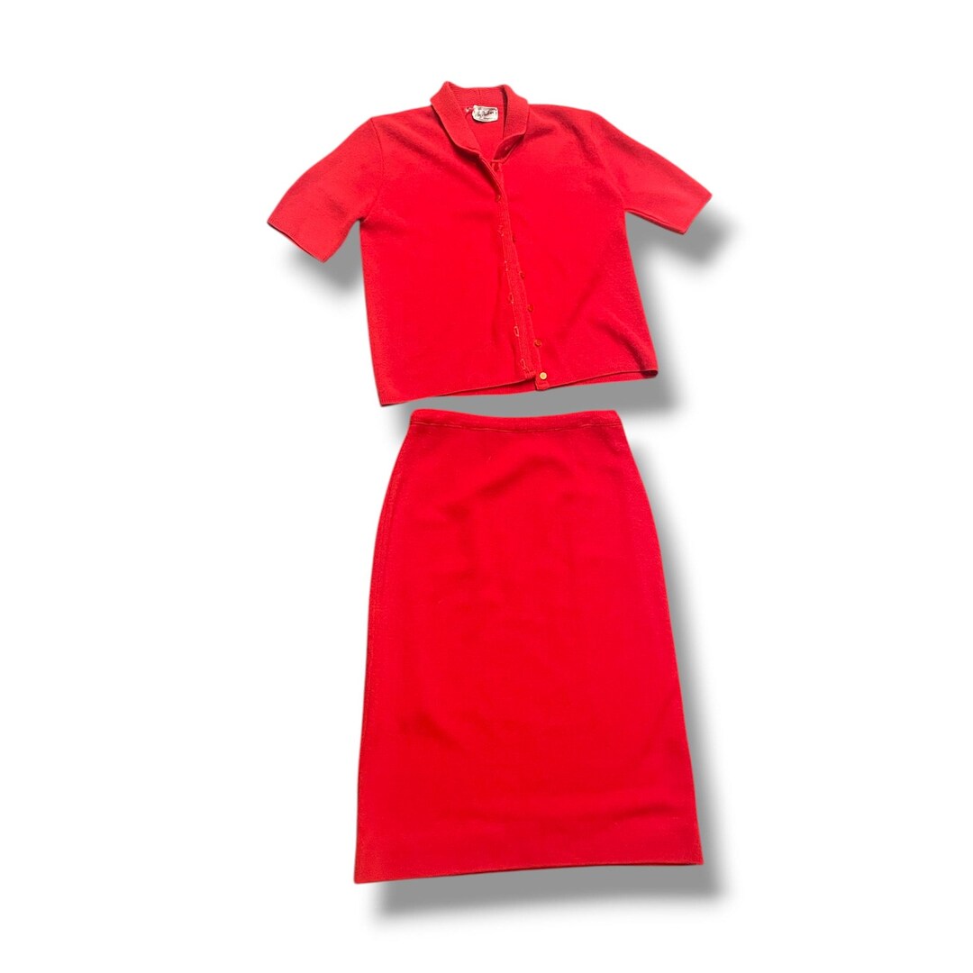 50's - 60s Vintage Womens Cotton Red Jacket and Skirt Set Meg Marlowe ...