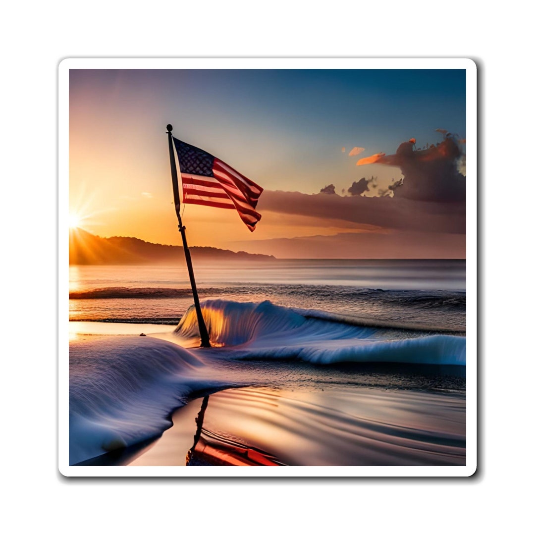 Patriotic American Flag Flying Proudly on a Beach Magnet | Flag Magnet ...