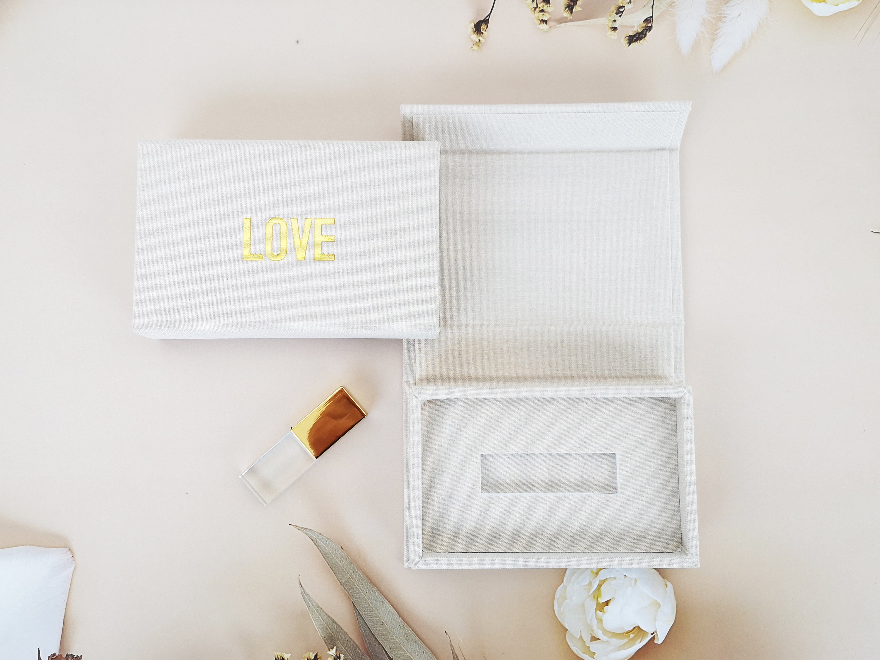 Cream Beige Linen USB Box Custom Photographer USB Gift Box Foil Hot ...