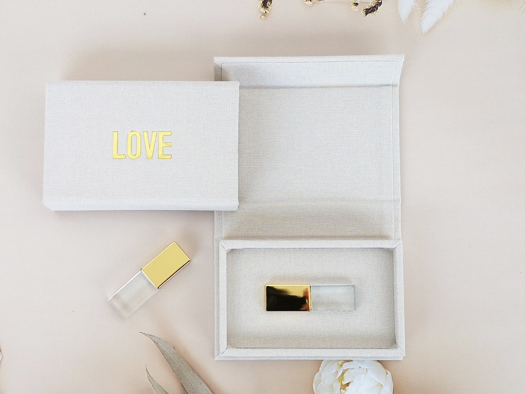 Cream Beige Linen USB Box Custom Photographer USB Gift Box Foil Hot ...