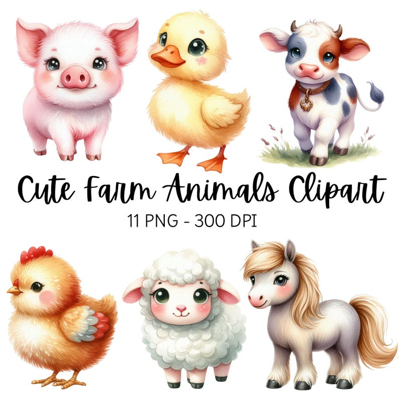 Watercolor Cute Farm Animals Clipart, Baby Farm Animals Clipart Bundle ...