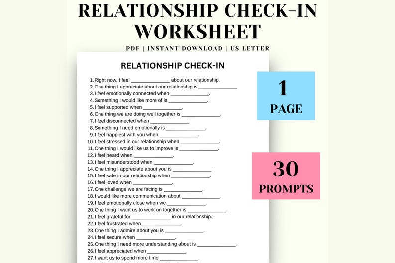 Relationship Check-in Worksheet, Couples Therapy Printable, Marriage ...