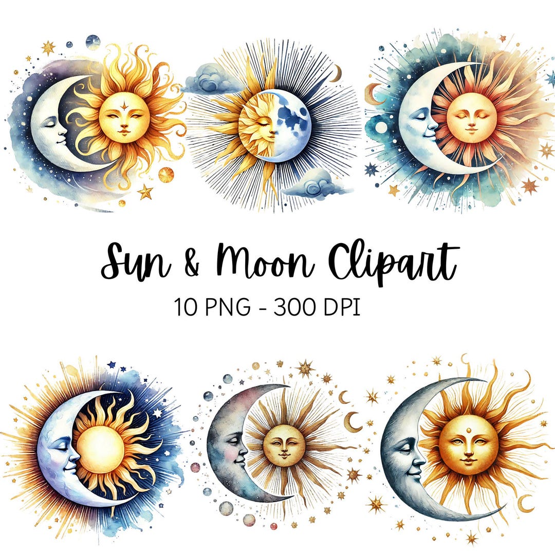 Watercolor Sun and Moon Clipart, Sun and Moon Clipart Bundle, Sun Png ...
