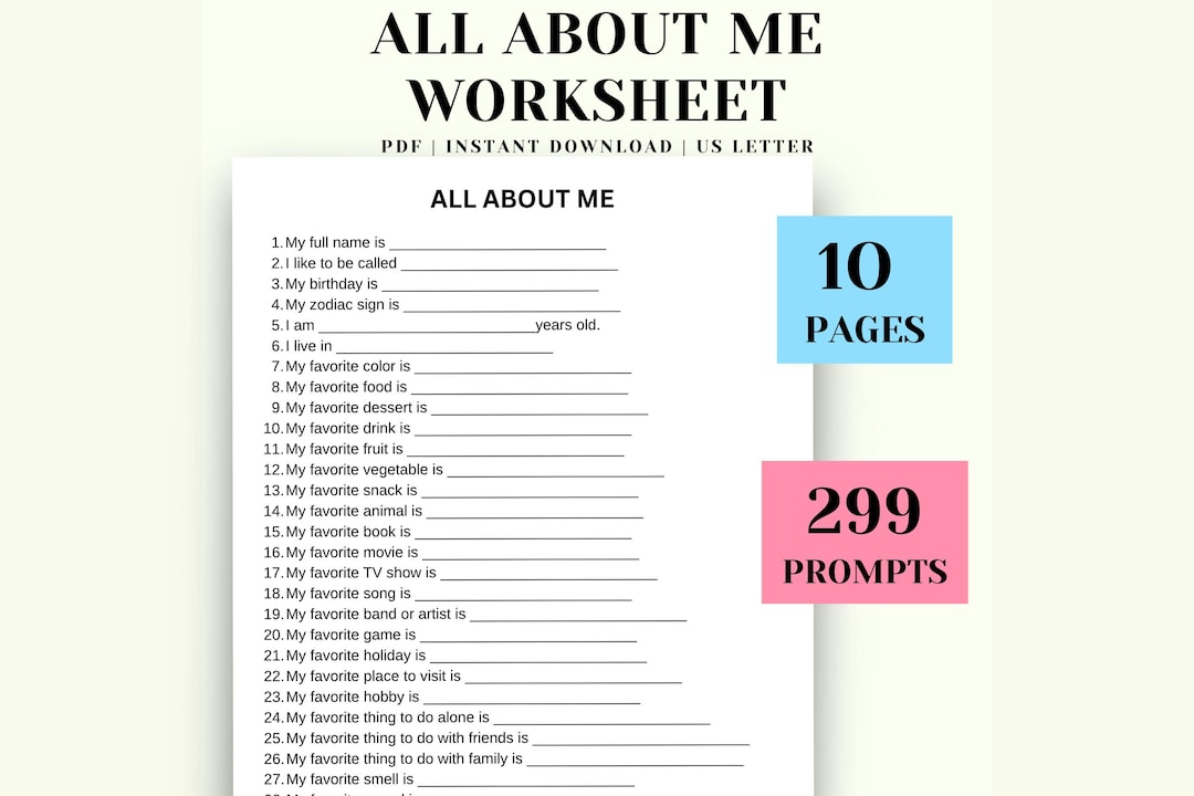 All About Me Journal Worksheet, 299 Self-discovery Prompts (PDF) - Etsy