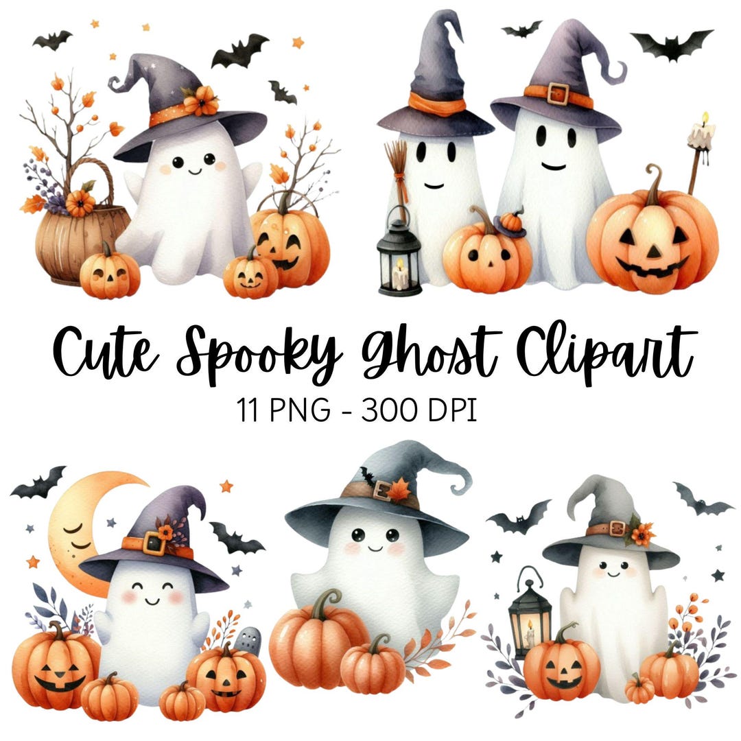 Watercolor Spooky Cute Ghost Clipart, Halloween Ghost Clipart Bundle ...