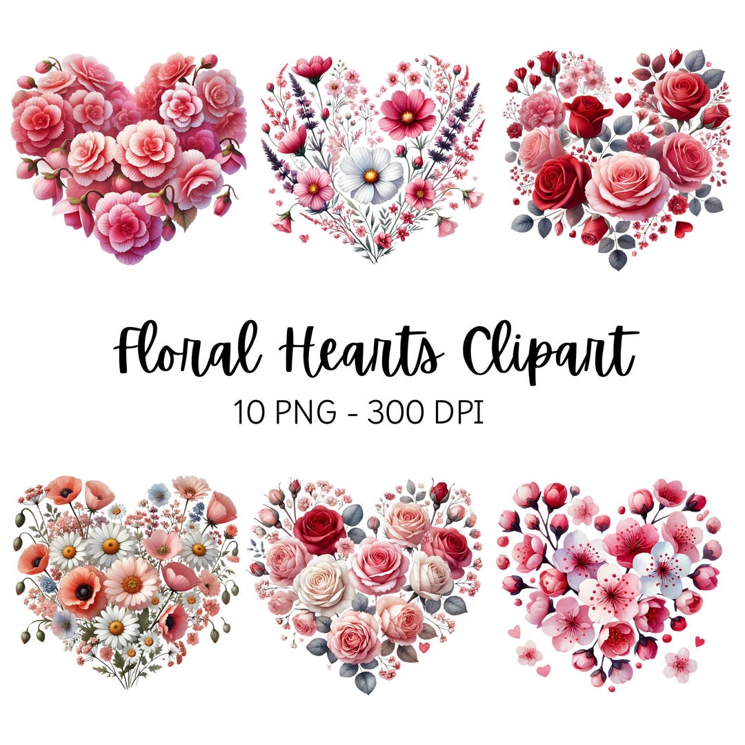 Watercolor Floral Hearts Clipart, Heart Flowers Clipart, Romantic ...