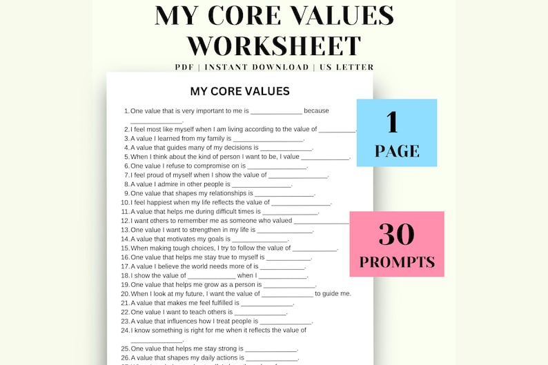 Core Values Therapy Worksheet, Self Discovery, Values Clarification ...
