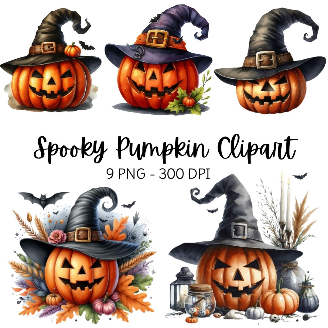 Watercolor Spooky Halloween Pumpkin Clipart, Halloween Clipart Bundle ...