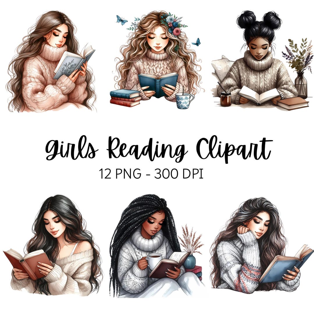 Watercolor Girls Reading Clipart, Bookish Girl Clipart, Girls Png ...