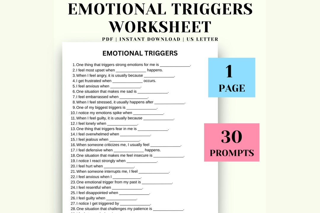 Emotional Triggers Worksheet, Identify & Manage Emotions, Therapy ...