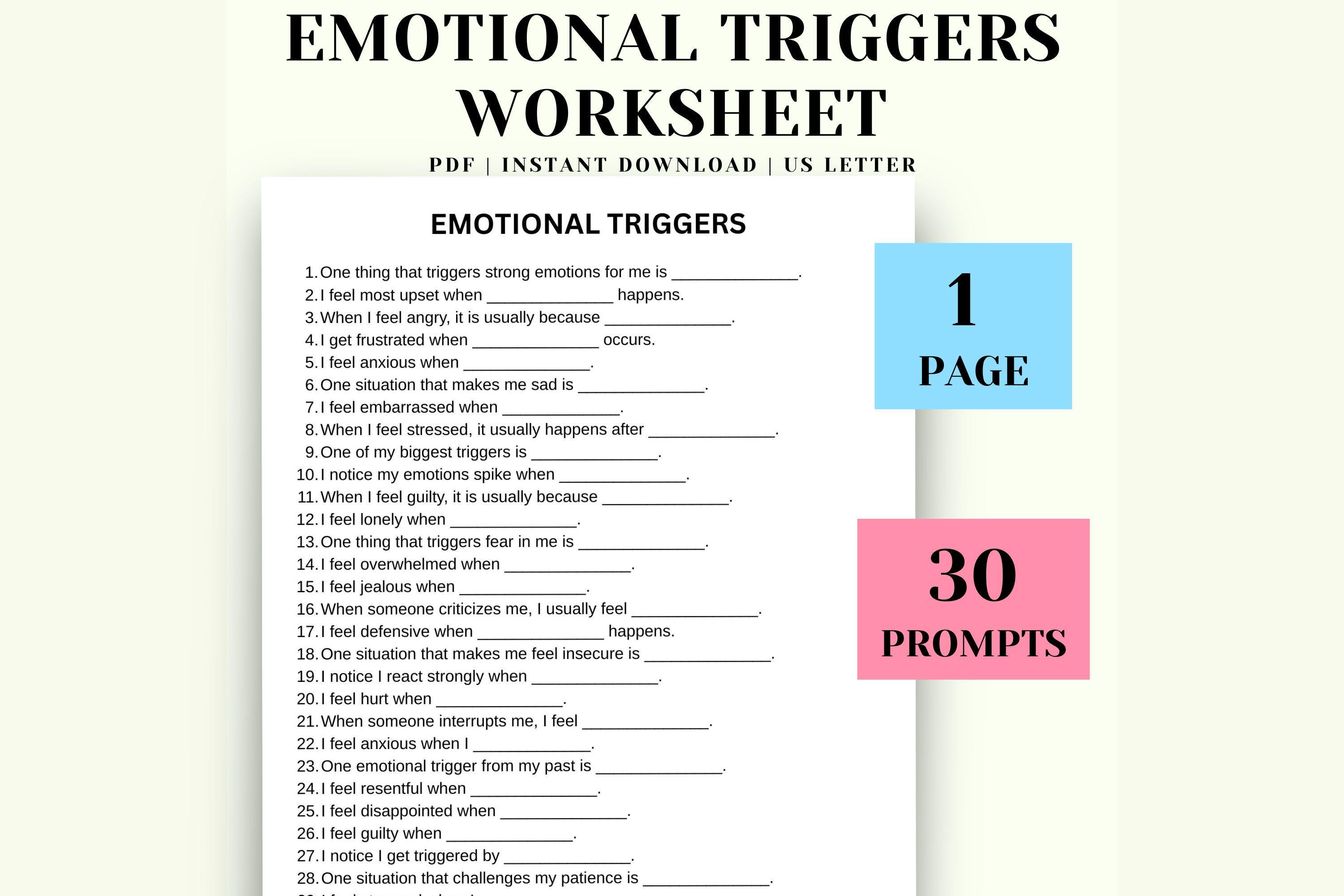 Emotional Triggers Worksheet, Identify & Manage Emotions, Therapy ...