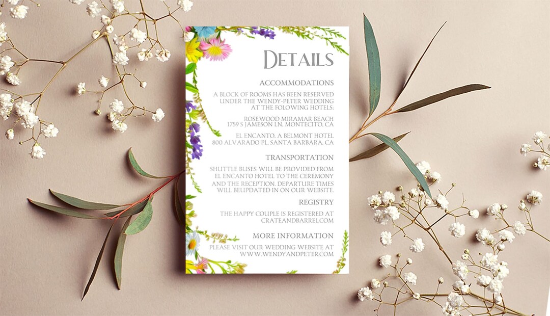 Wedding Information Card Template, Diy Details Card Insert, Wildflower ...