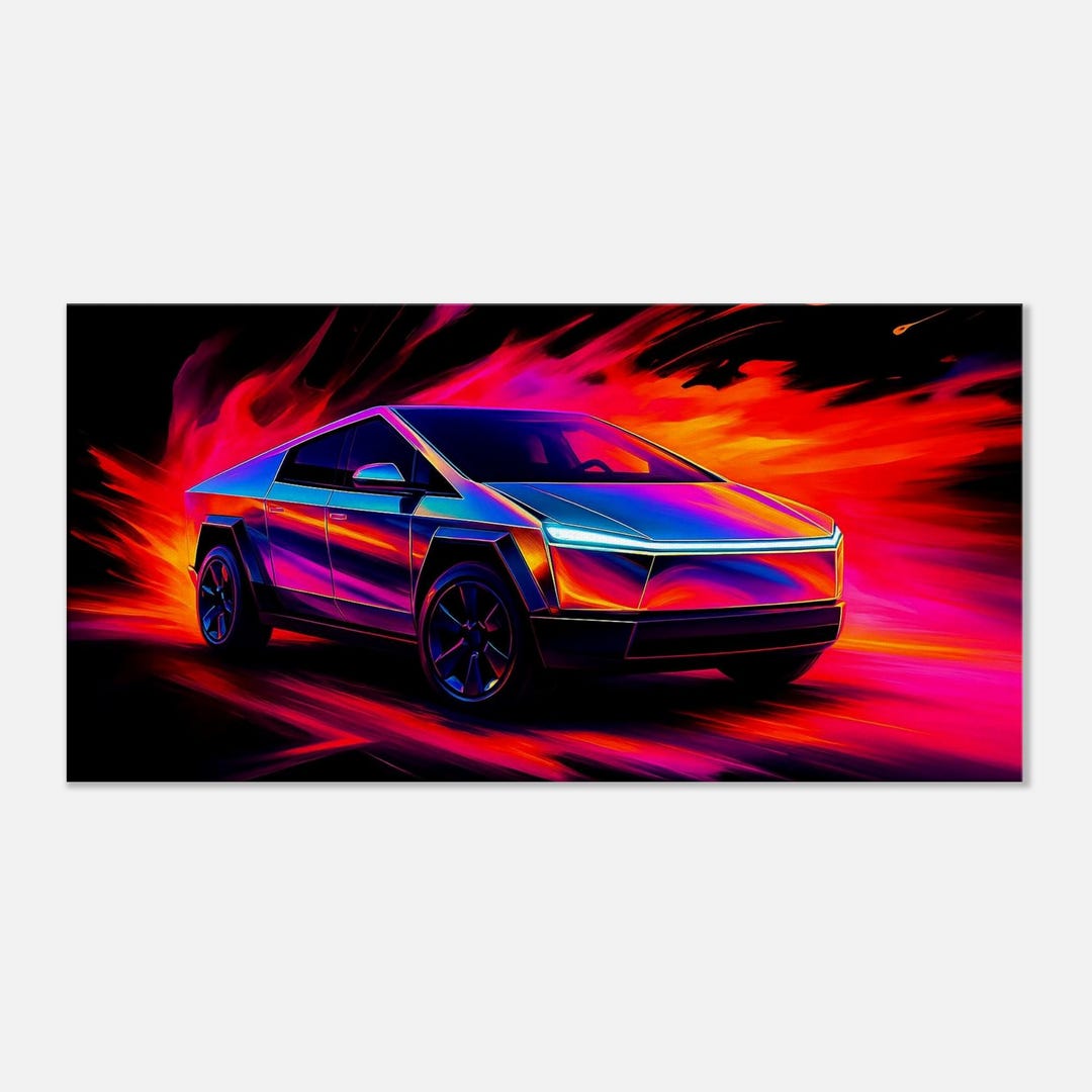 Tesla Cybertruck Abstract Wall Art | Futuristic Neon Canvas Decor ...