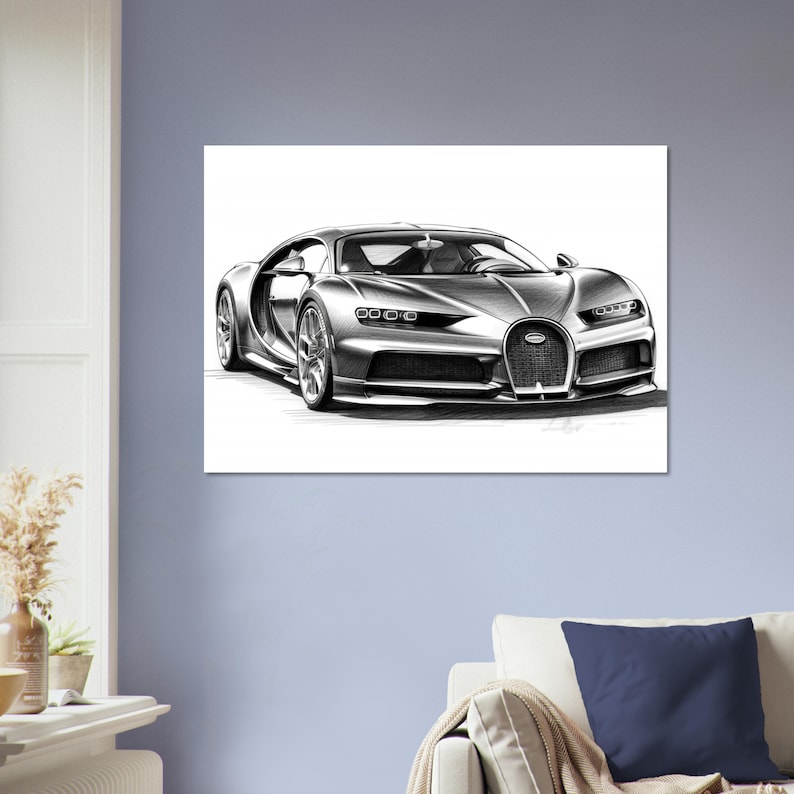 Bugatti Chiron Front View Handcrafted Pencil Sketch Detailed Monochrome ...
