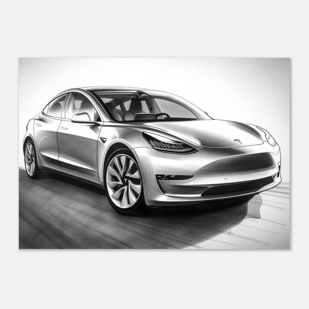 Tesla Model 3 Ultra-detailed Grayscale Pencil Sketch Hand-drawn ...