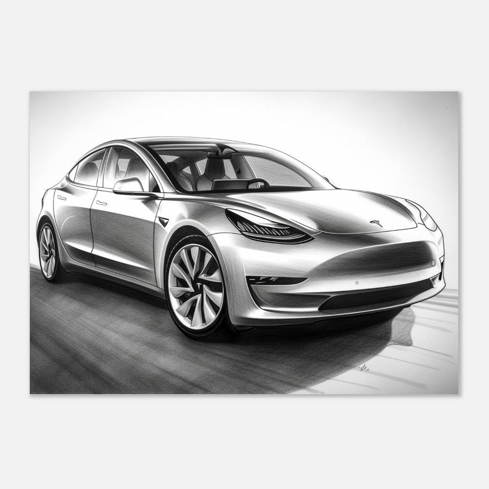 Tesla Model 3 Ultra-detailed Grayscale Pencil Sketch - Etsy
