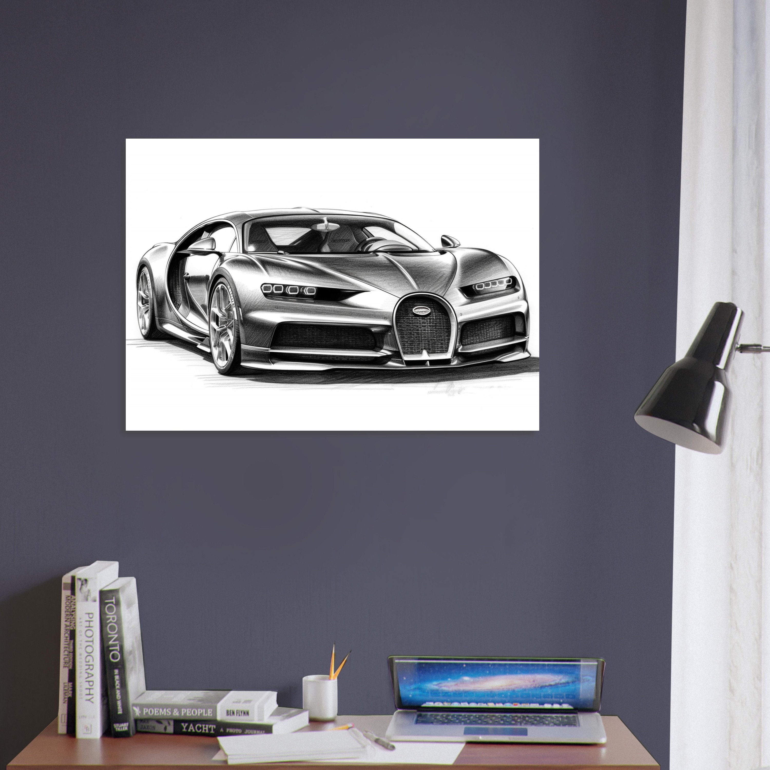 Bugatti Chiron Front View Handcrafted Pencil Sketch Detailed Monochrome ...