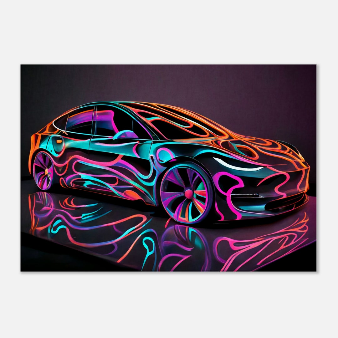 Tesla Model 3 Neon Abstract Canvas Wall Art Vibrant Colorful Design for ...