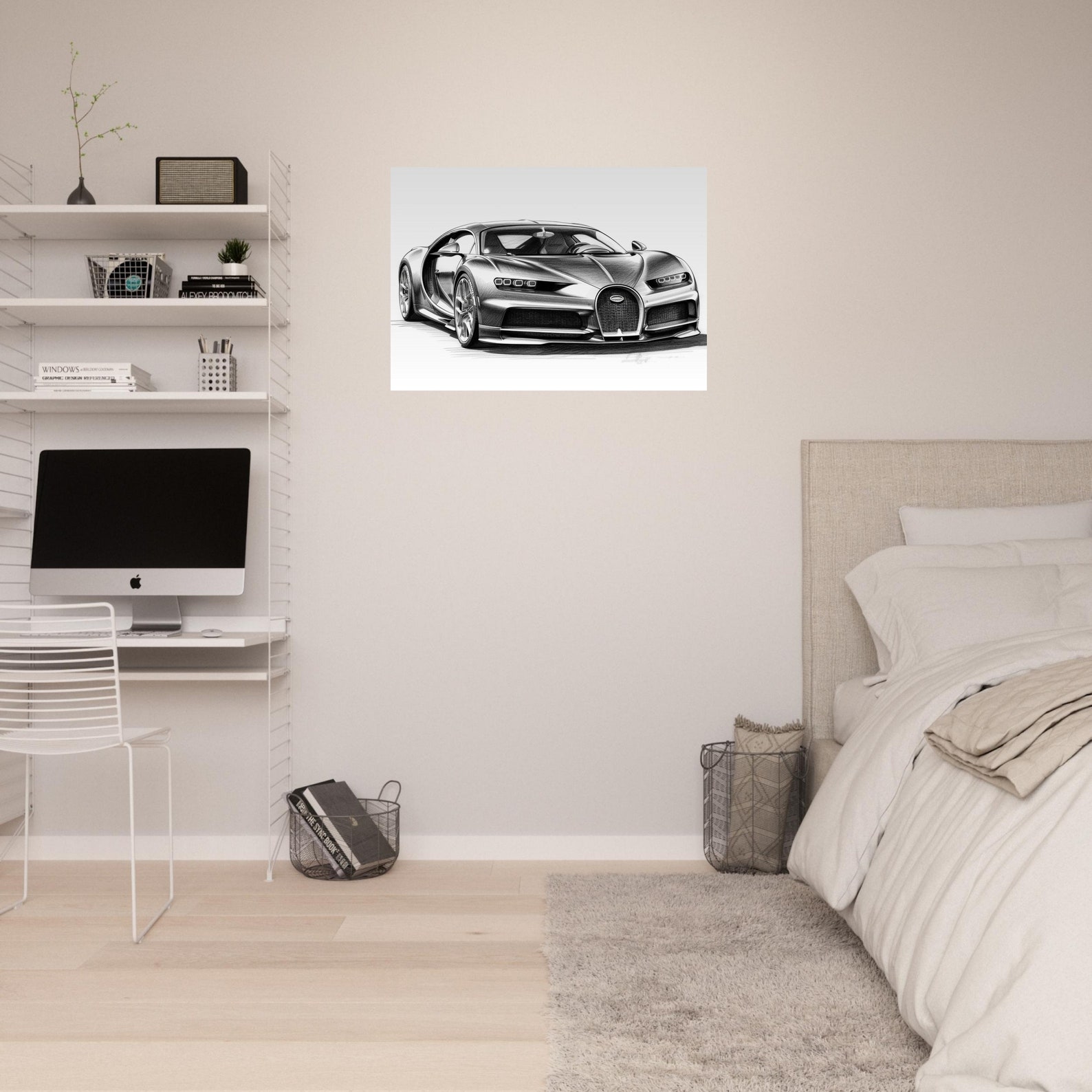 Bugatti Chiron Front View Handcrafted Pencil Sketch Detailed Monochrome ...