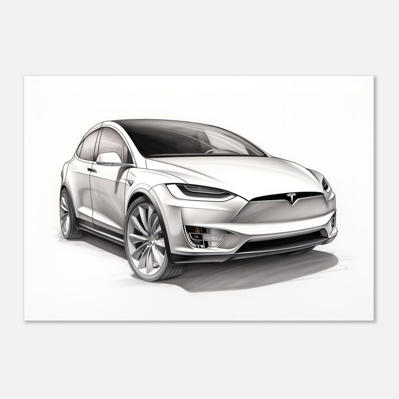Tesla Model X Grayscale Pencil Sketch Premium Matte Paper Art Print - A ...