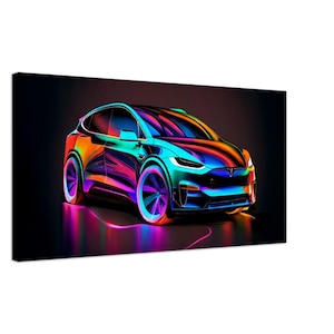 Tesla Model X Neon Abstract Canvas Art, Modern Car Decor - Etsy