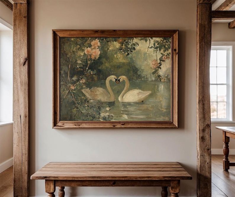 Vintage Swan Art Print Sage Green Printable Wall Art Antique Swan Oil ...