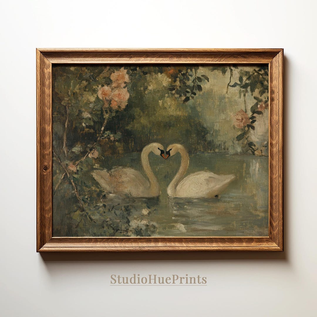 Vintage Swan Art Print Sage Green Printable Wall Art Antique Swan Oil ...