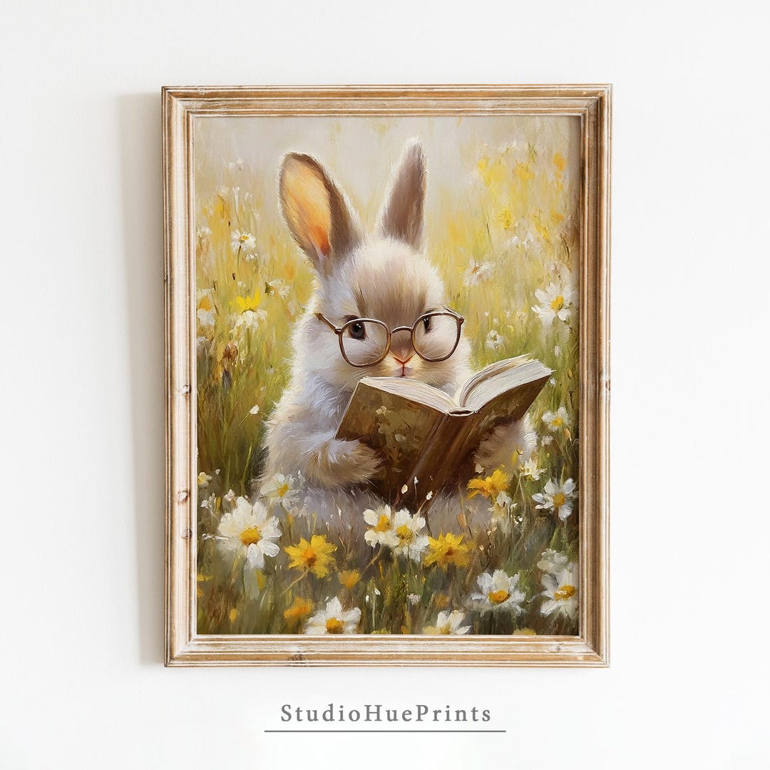 Easter Bunny Reading Book Printable Wall Art, Rabbit With Glasses ...