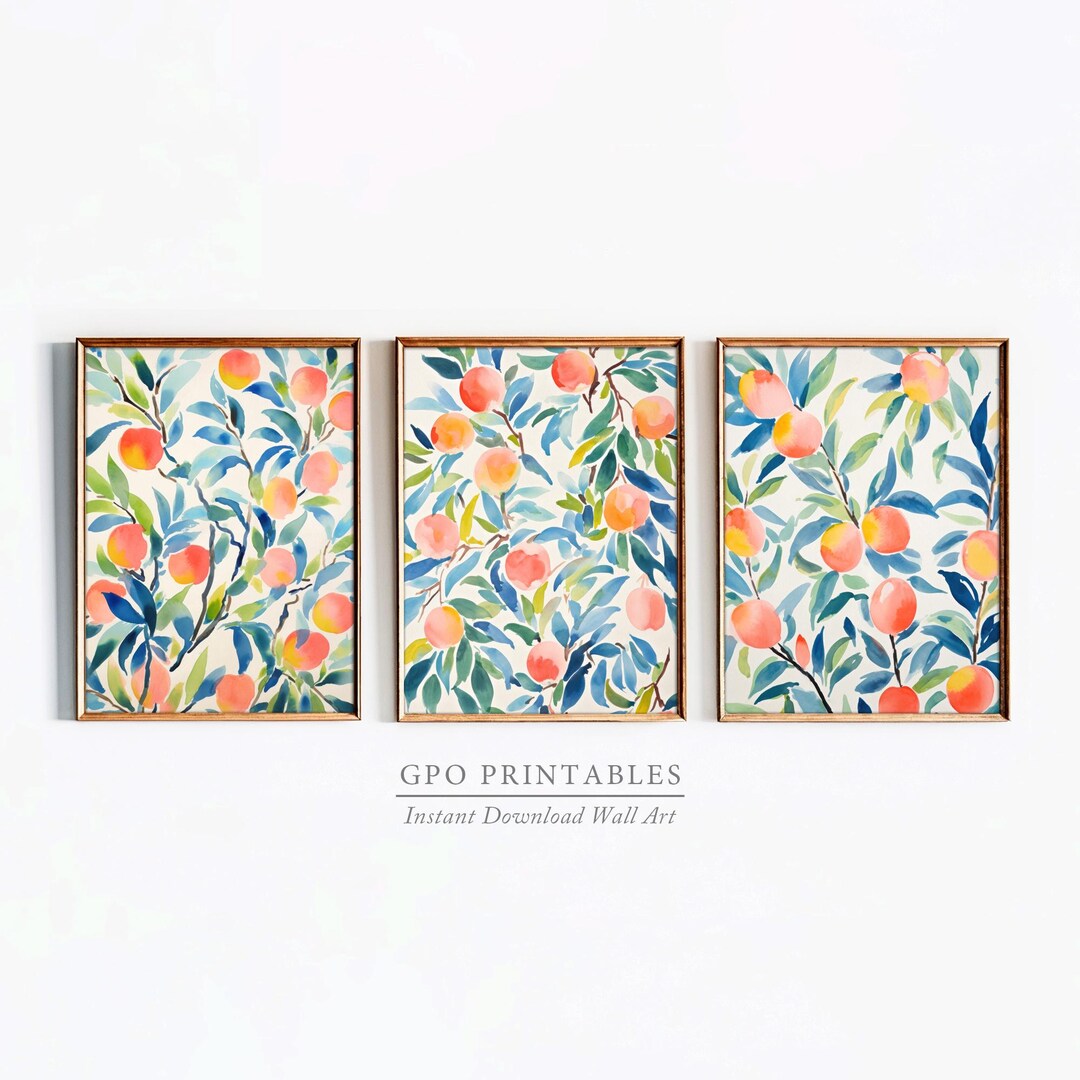 Peaches Printable Wall Art, Set of 3, Peach Print, Peach Painting ...