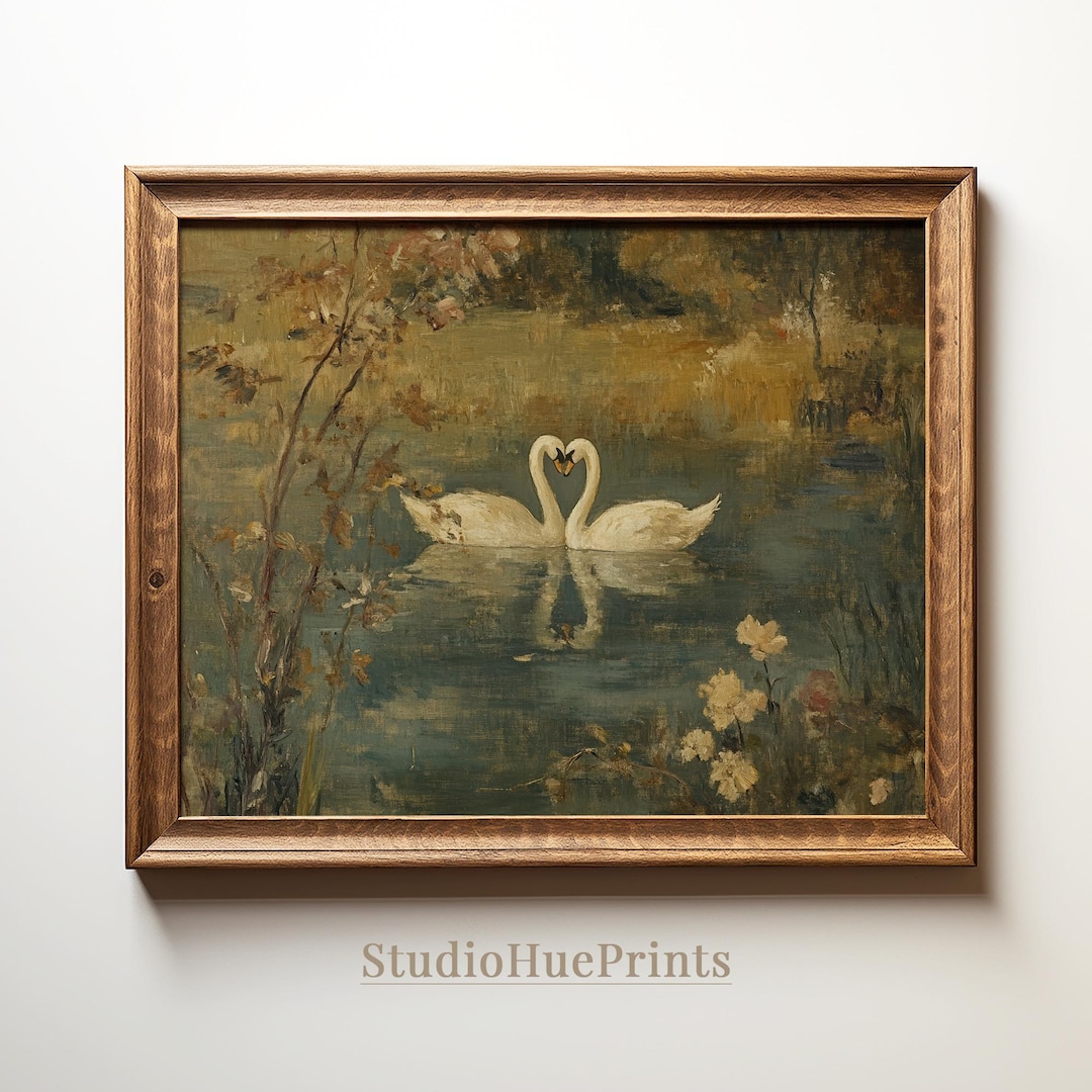 Printable Vintage Swan Art Sage Green Wall Art Antique Swan Oil ...