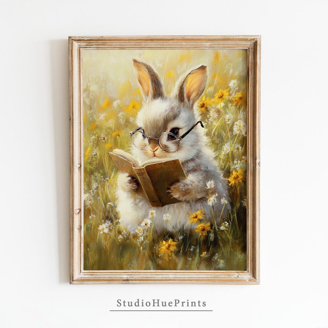 Easter Bunny Reading Book Printable Wall Art, Rabbit With Glasses ...