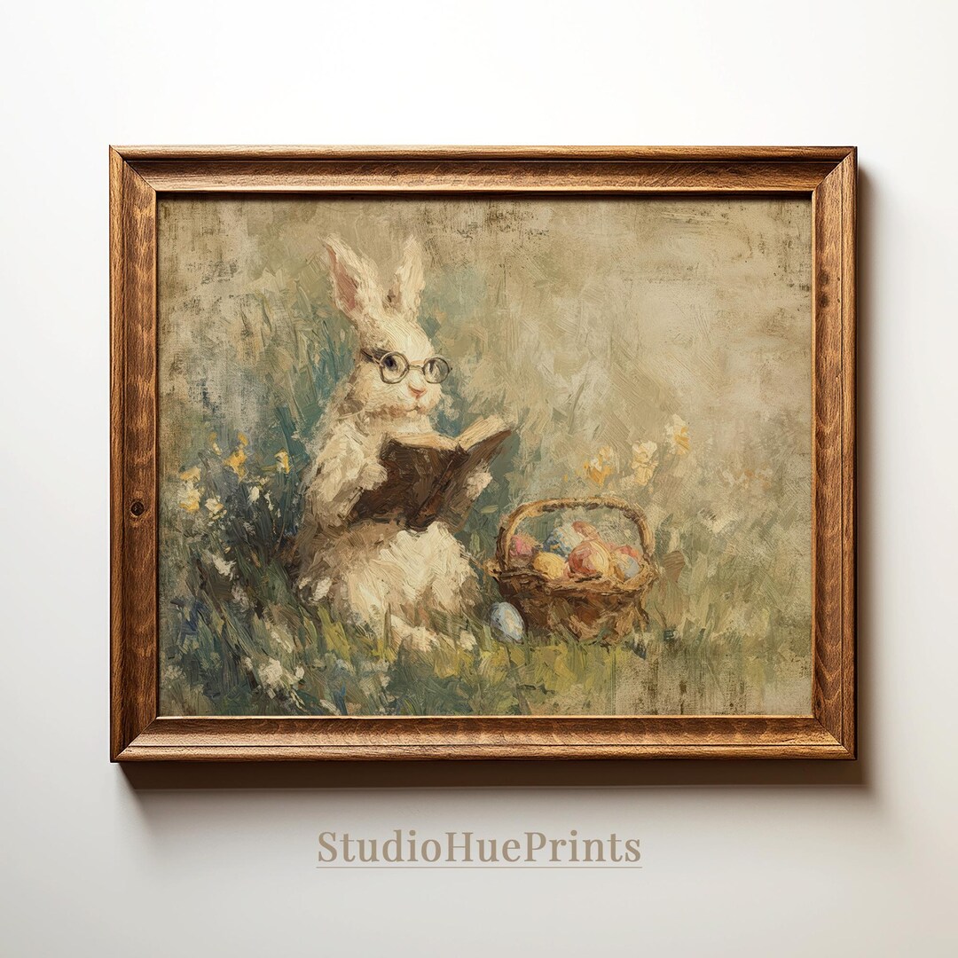 Vintage Easter Bunny Reading Book Print, Printable Easter Wall Art ...