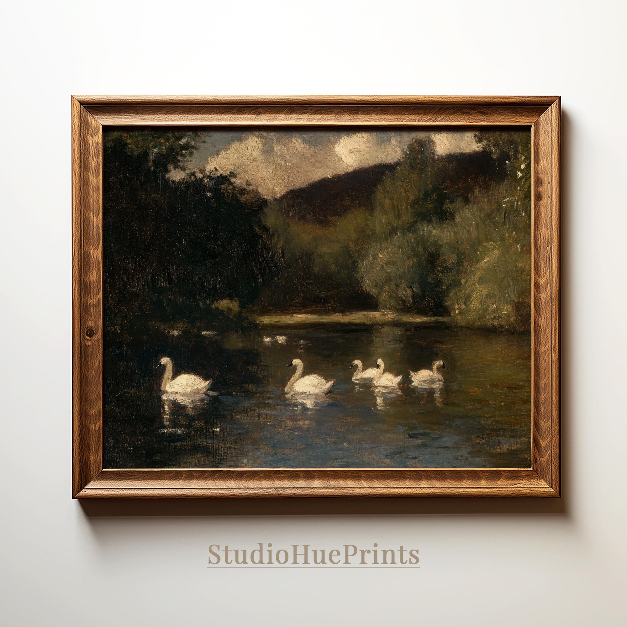 Vintage Swan Art Print, Printable Wall Art, Swan Oil Painting, Swan ...