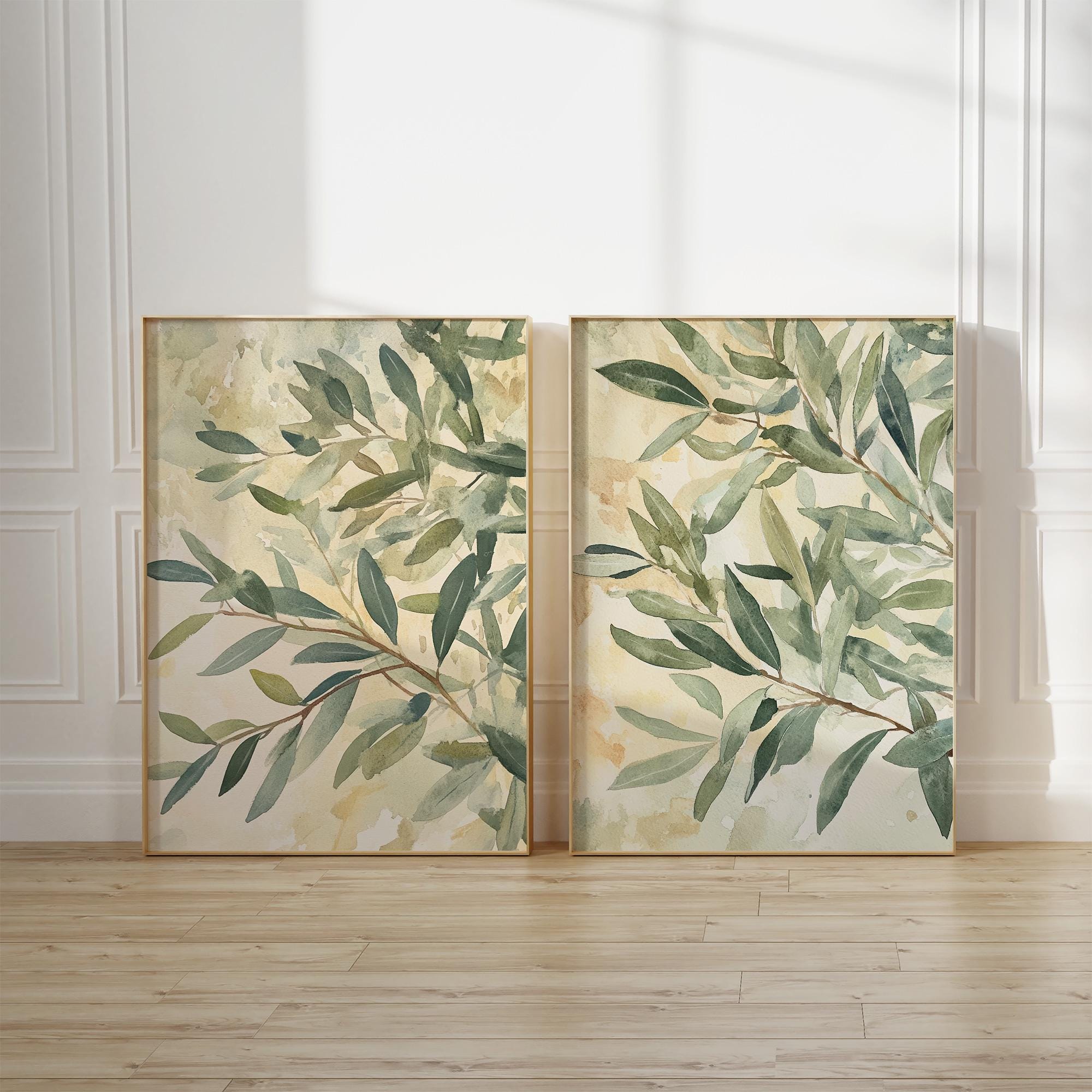 Set of 2 Watercolor Sage Green Olive Tree Branch Printable Wall Art ...
