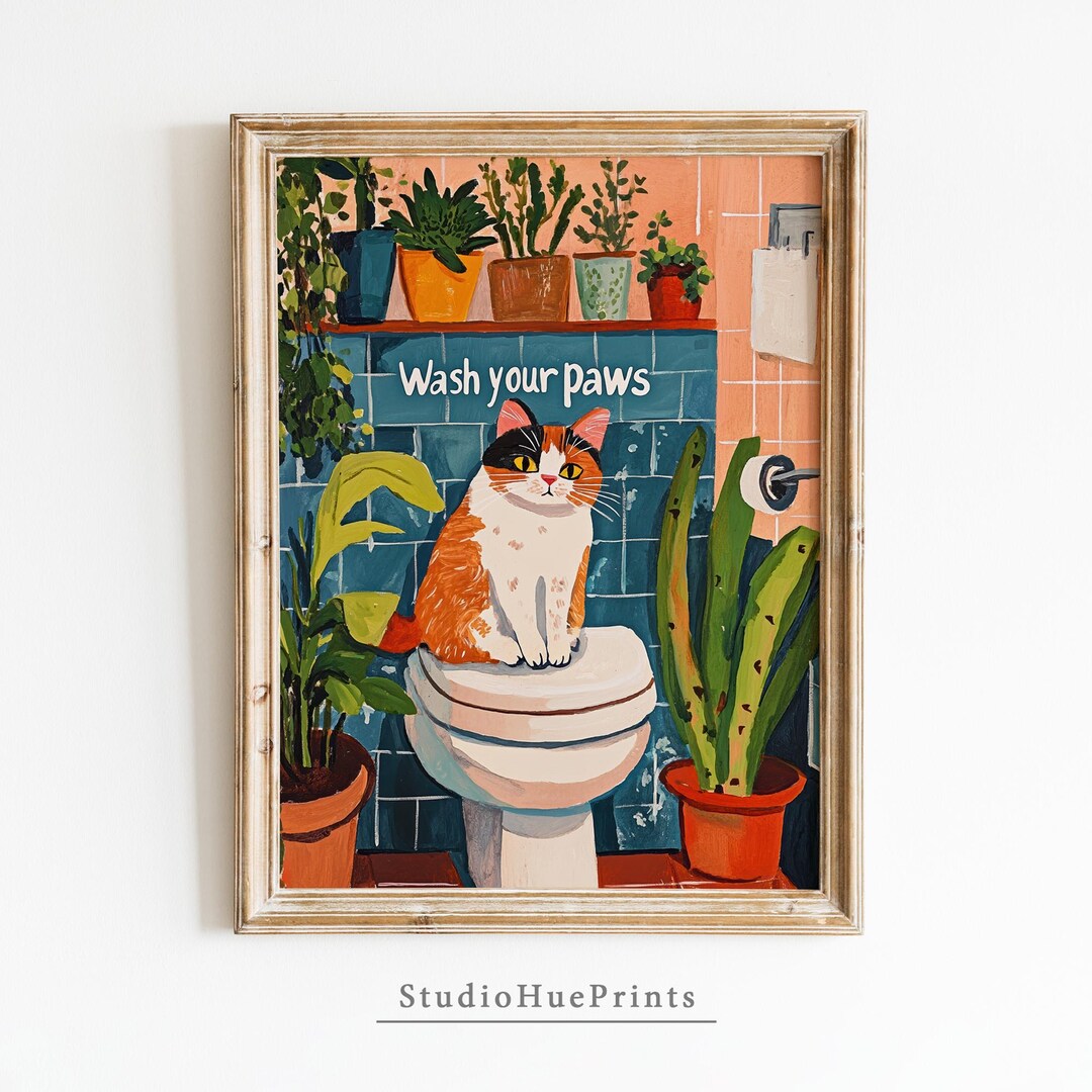 Wash Your Paws Print, Printable Bathroom Wall Art, Funny Cat Bathroom ...