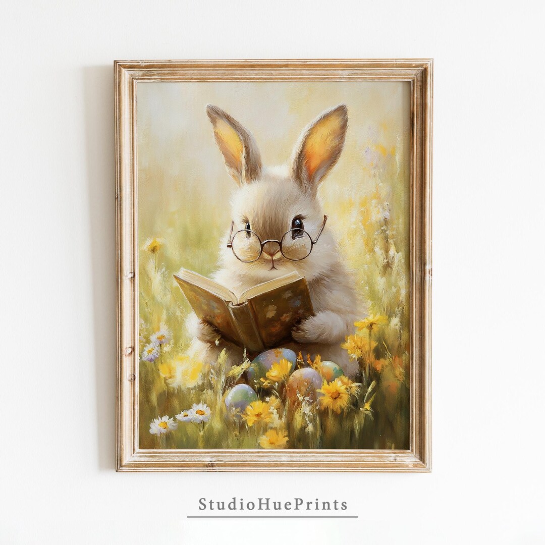 Easter Bunny Reading Book Printable Wall Art, Rabbit With Glasses ...