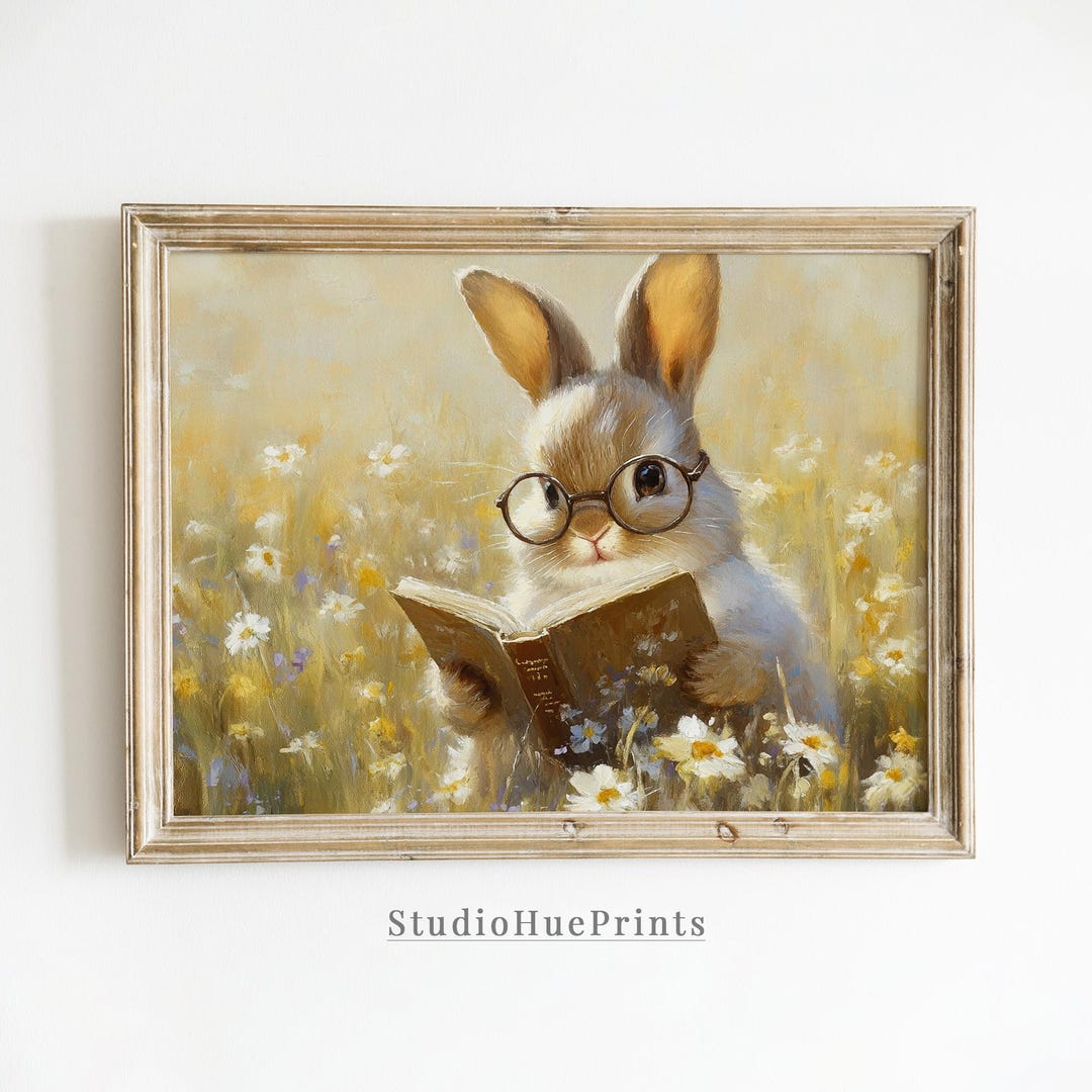 Easter Bunny Reading Book Printable Wall Art, Easter Printable Art ...