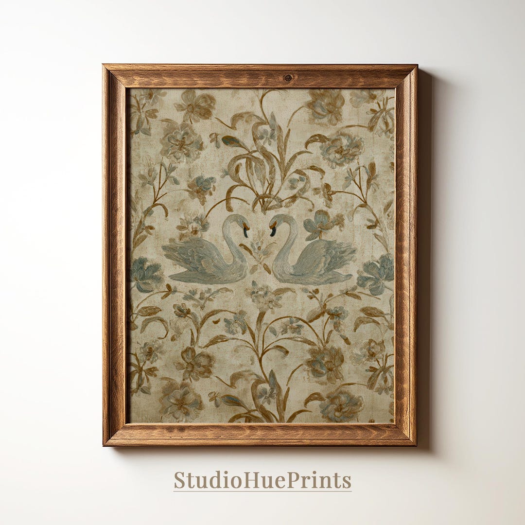 Vintage Swan Wallpaper Pattern Art Print, Printable Wall Art, Rustic ...