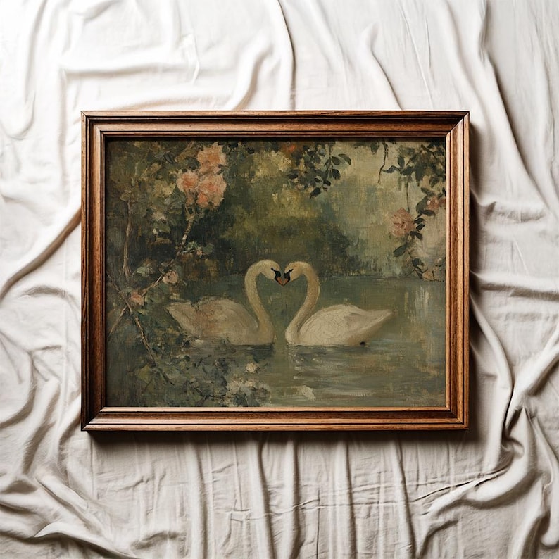 Vintage Swan Art Print Sage Green Printable Wall Art Antique Swan Oil ...