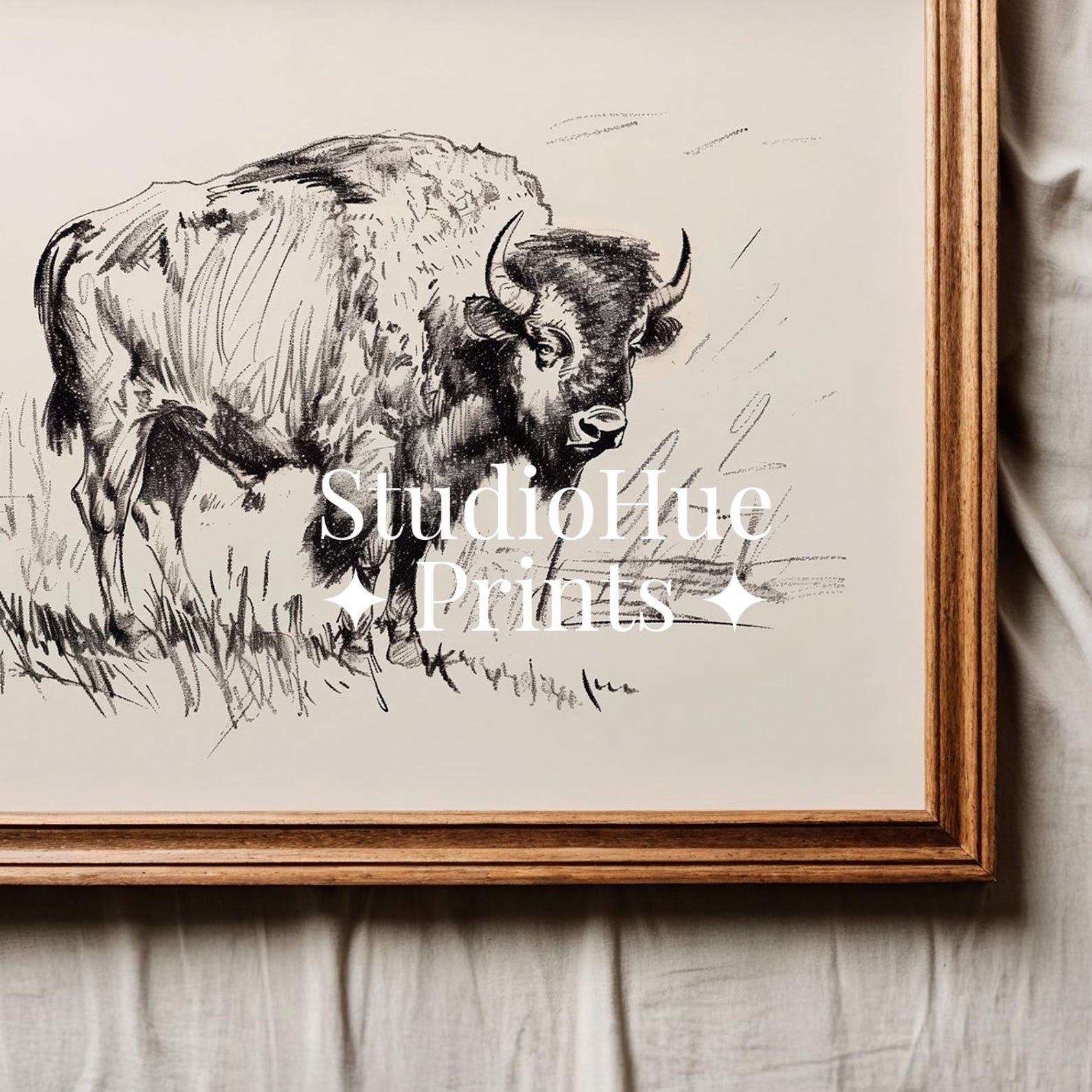 Vintage Bison Sketch Printable Wall Art, Minimalist Bison Buffalo ...
