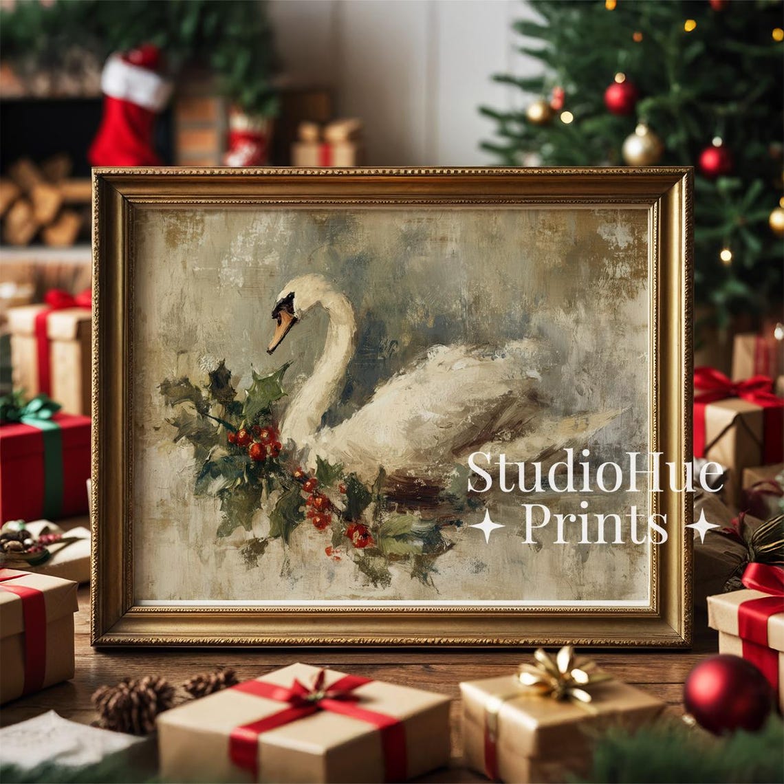 Vintage Swan Christmas Printable Wall Art, Rustic Christmas Decor ...