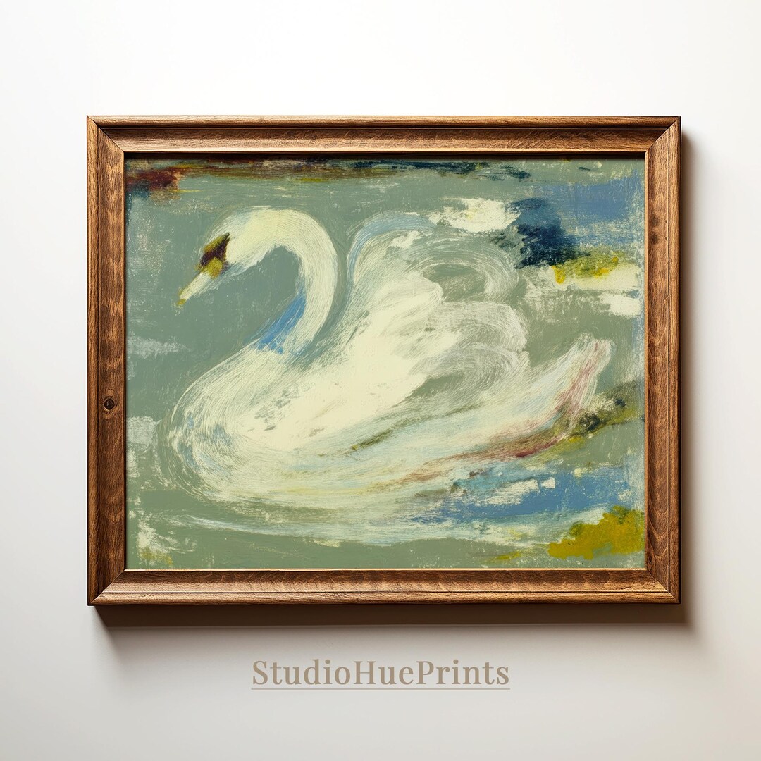 Vintage Abstract Swan Print, Printable Wall Art, Sage Green Swan ...