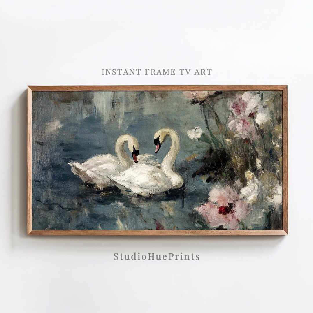 Swan Frame TV Art, Swan Lake Frame TV Art, Swan Oil Painting, Antique ...