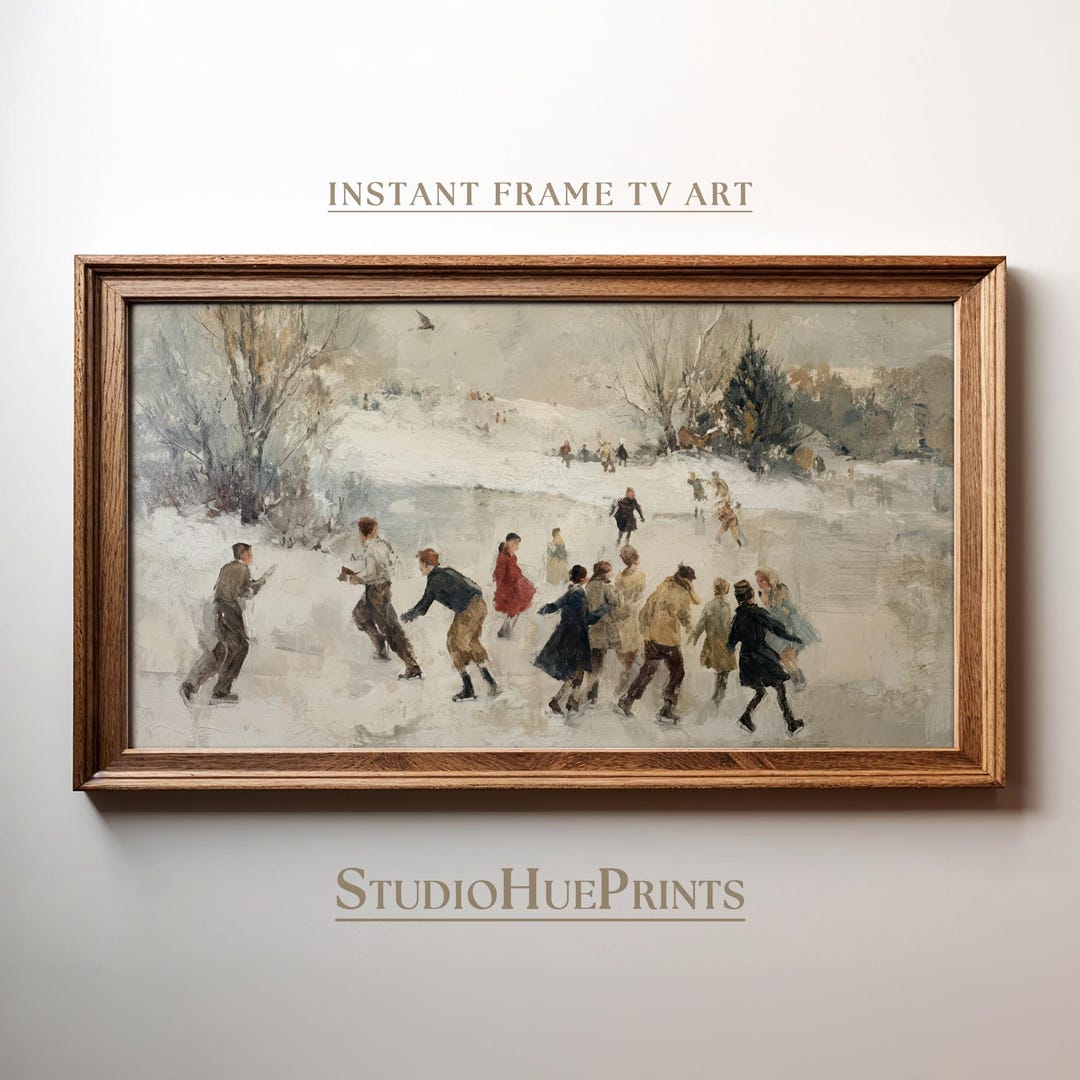 Vintage Winter Ice Skating Frame TV Art, Rustic Winter Landscape ...